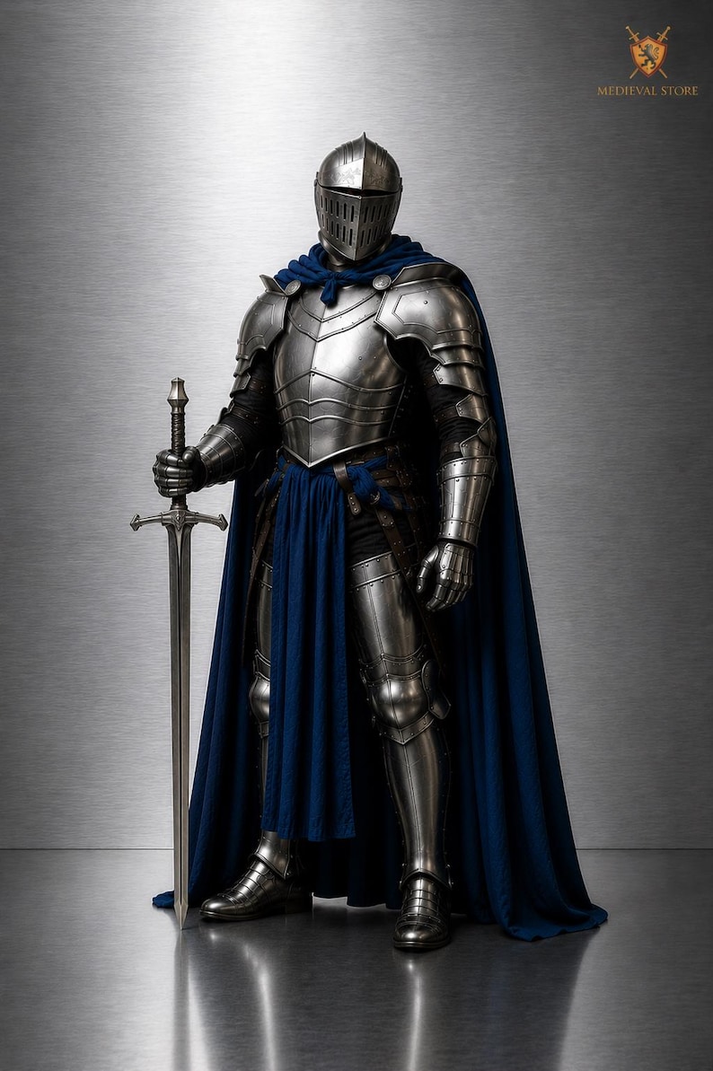 Full Body Steel Knight Armor With Blue Cape, Handmade Renaissance ...