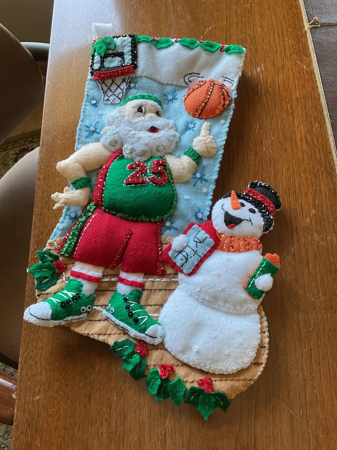 Hand Sewn Felt Christmas Stocking: Basketball Santa, Sequins, 18 Inch ...
