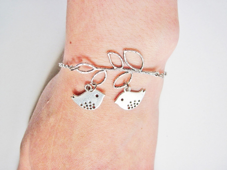 2 Birds Bracelet, Birds on a Branch Silver Bracelet, Bird Jewelry ...