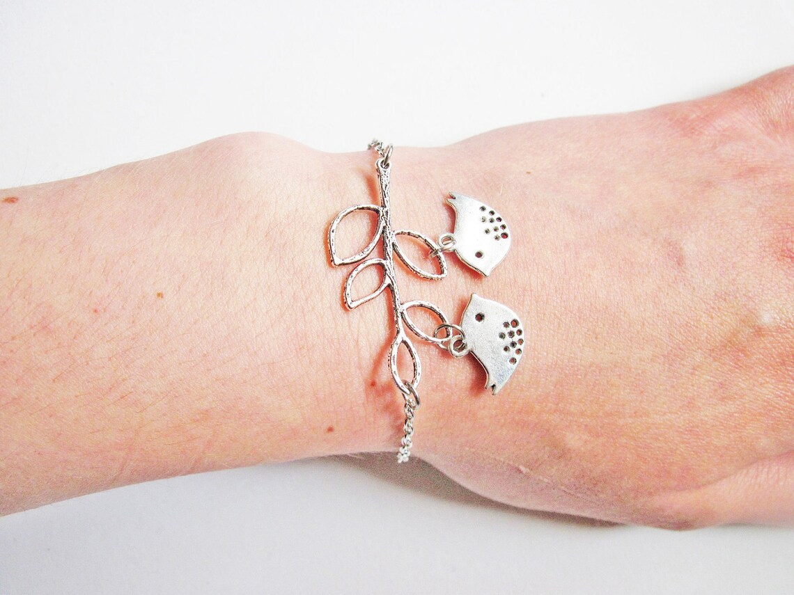 2 Birds Bracelet, Birds on a Branch Silver Bracelet, Bird Jewelry ...