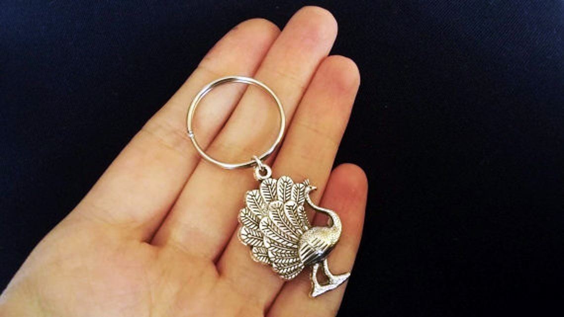 Peacock Keychain Peacock Charm Silver Keychain Bird Charm - Etsy