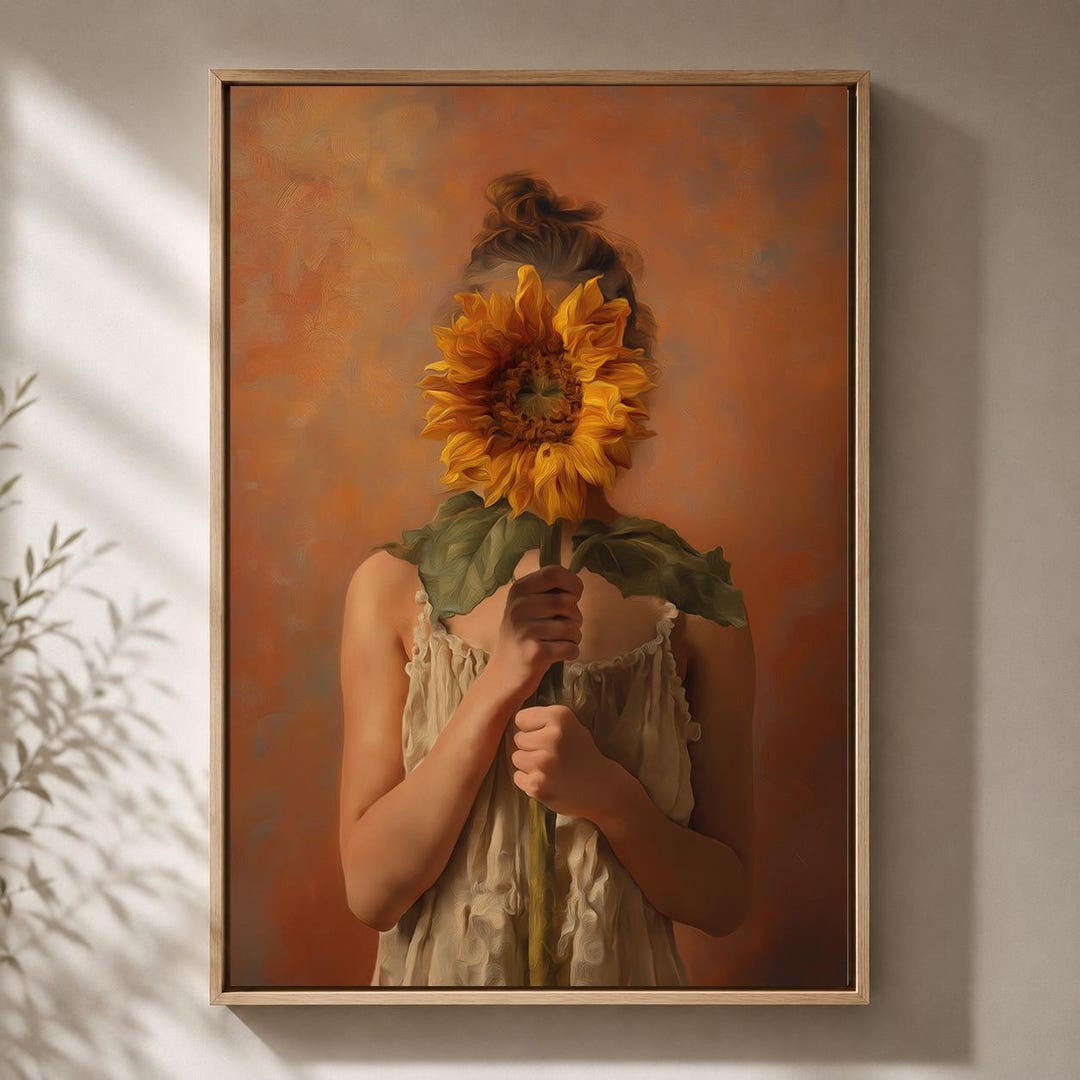 Sunflower Portrait Framed Canvas Wall Art, Moody Feminine Floral ...