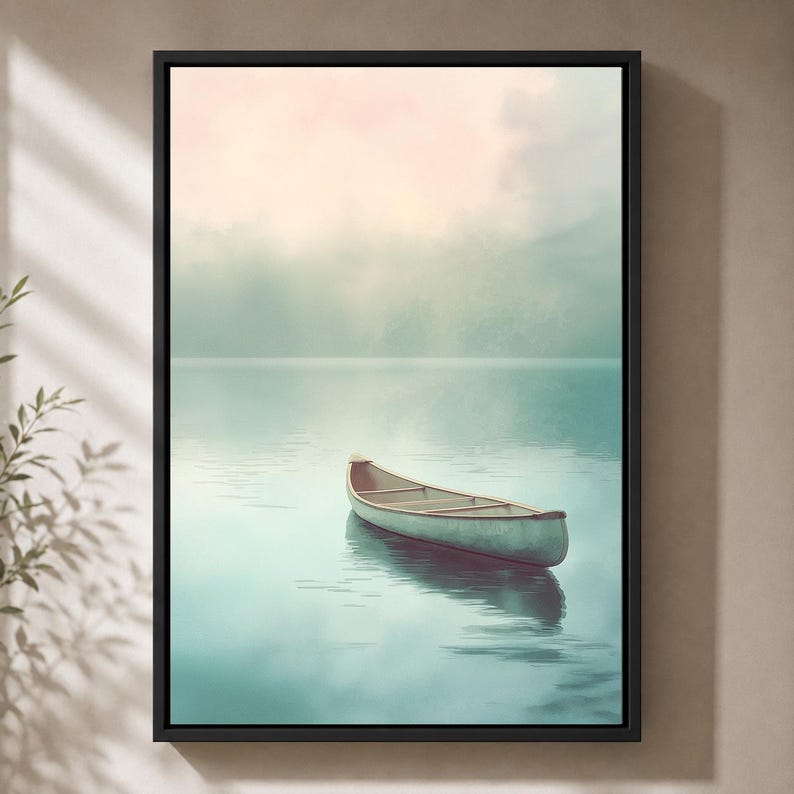 Minimalist Canoe Framed Canvas Wall Art, Misty Lake Landscape Canvas ...
