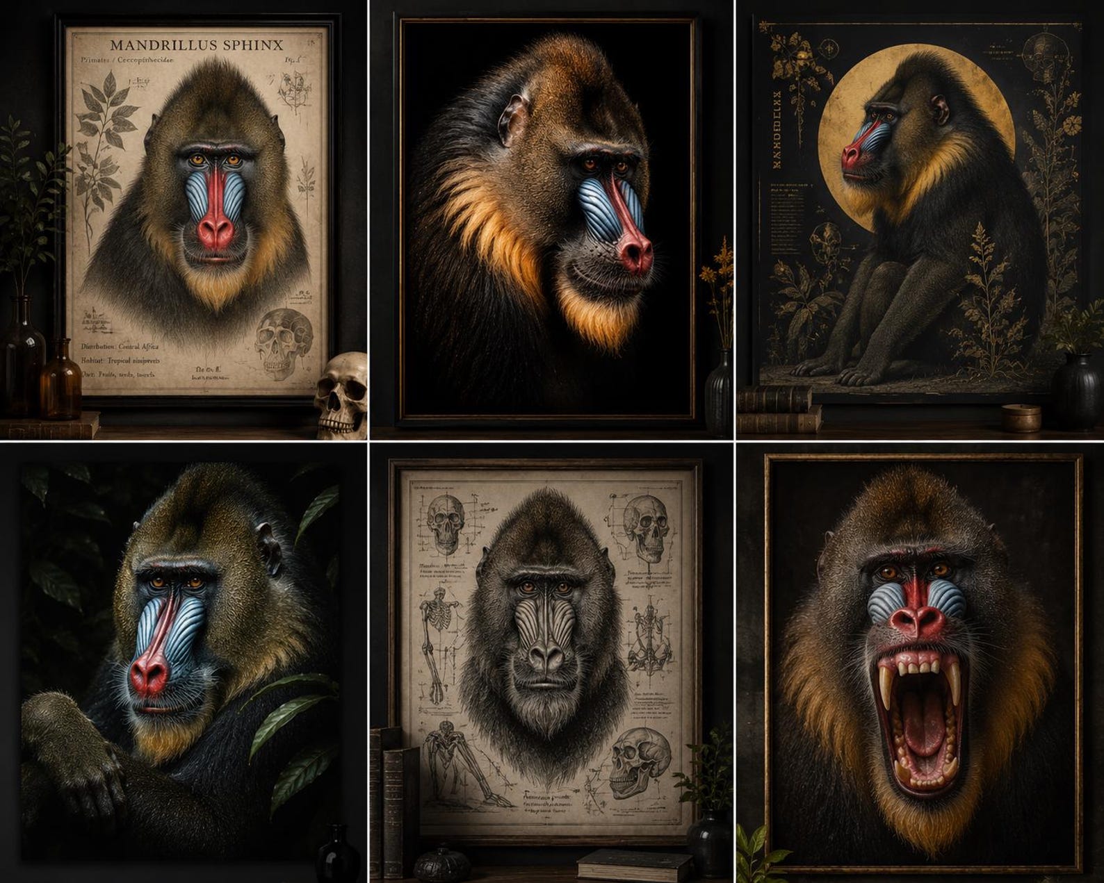 Art mural Mandrill, portrait de primate vintage, décor animalier sombre ...