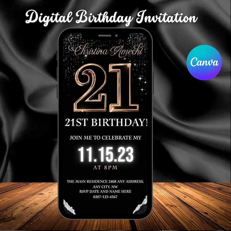 21st Birthday Video Invitation Template: Black Animated Digital Invite ...