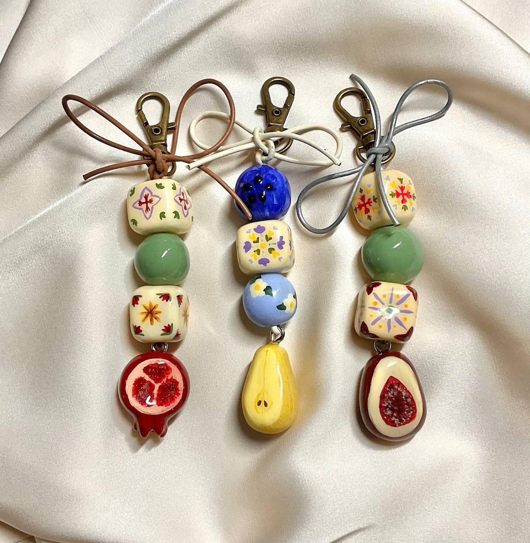 Handmade Fruit Keychain | Clay Charm With Hand-painted Beads | Bag ...