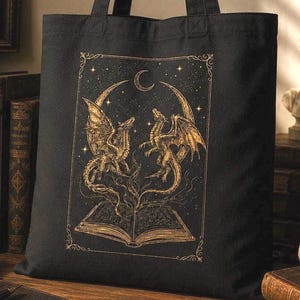 Celestial Tote bag, Dragon and Moon Design, Perfect Gift for Booklovers ...