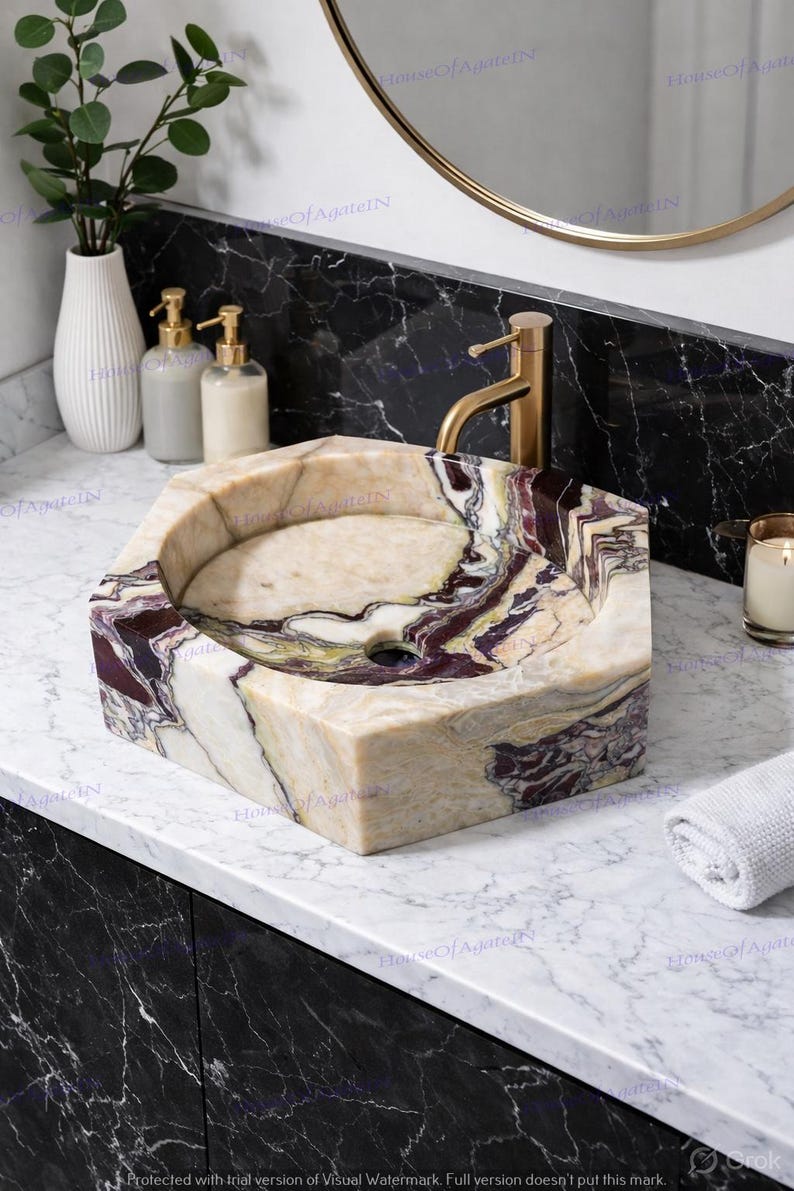 Calacatta Viola Marble Vessel Sink, Handcrafted Stone Basin, Luxury ...