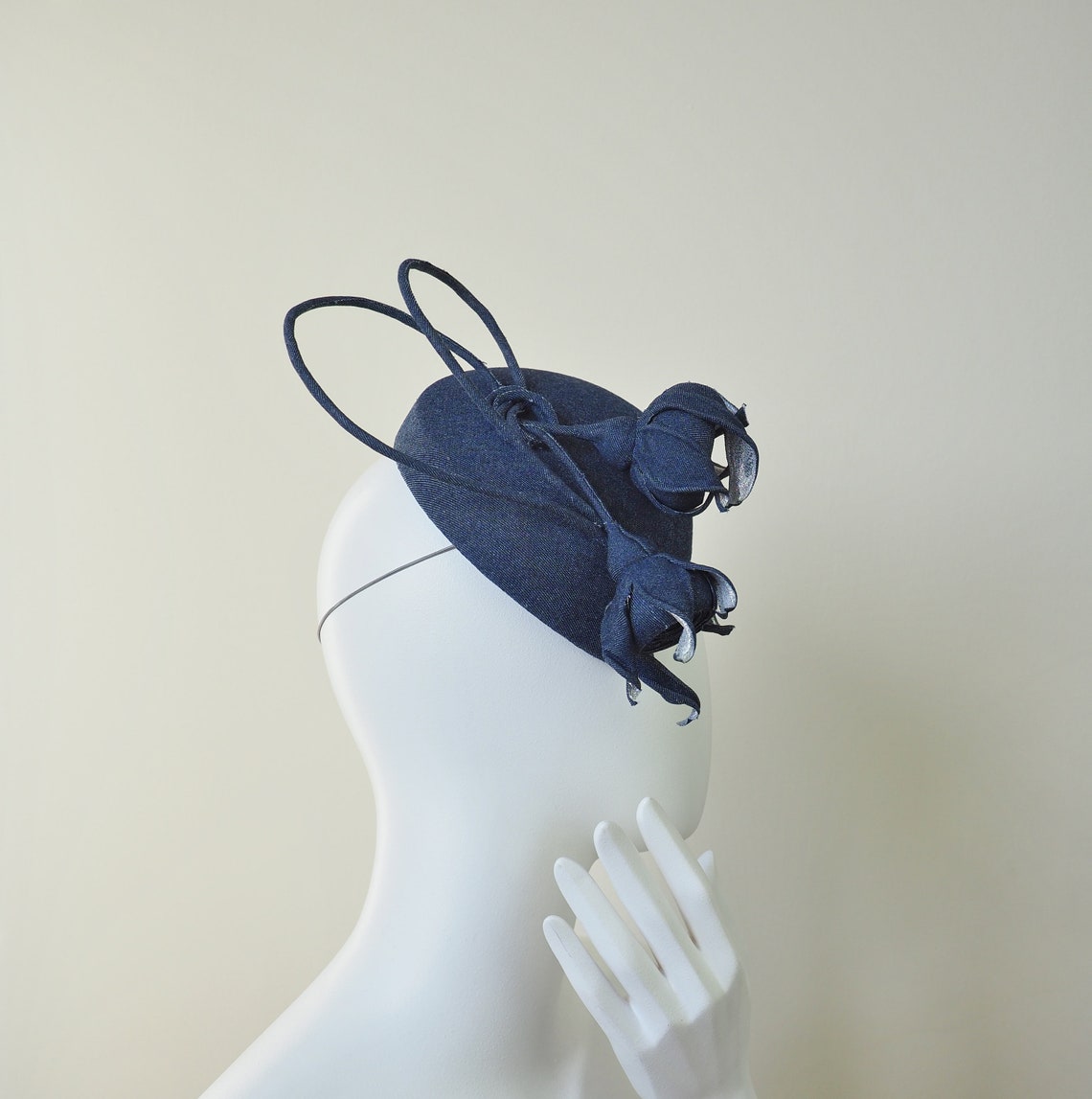 Denim Hugger Hat With Stylised Roses, Denim Headpiece. Denim Cocktail ...