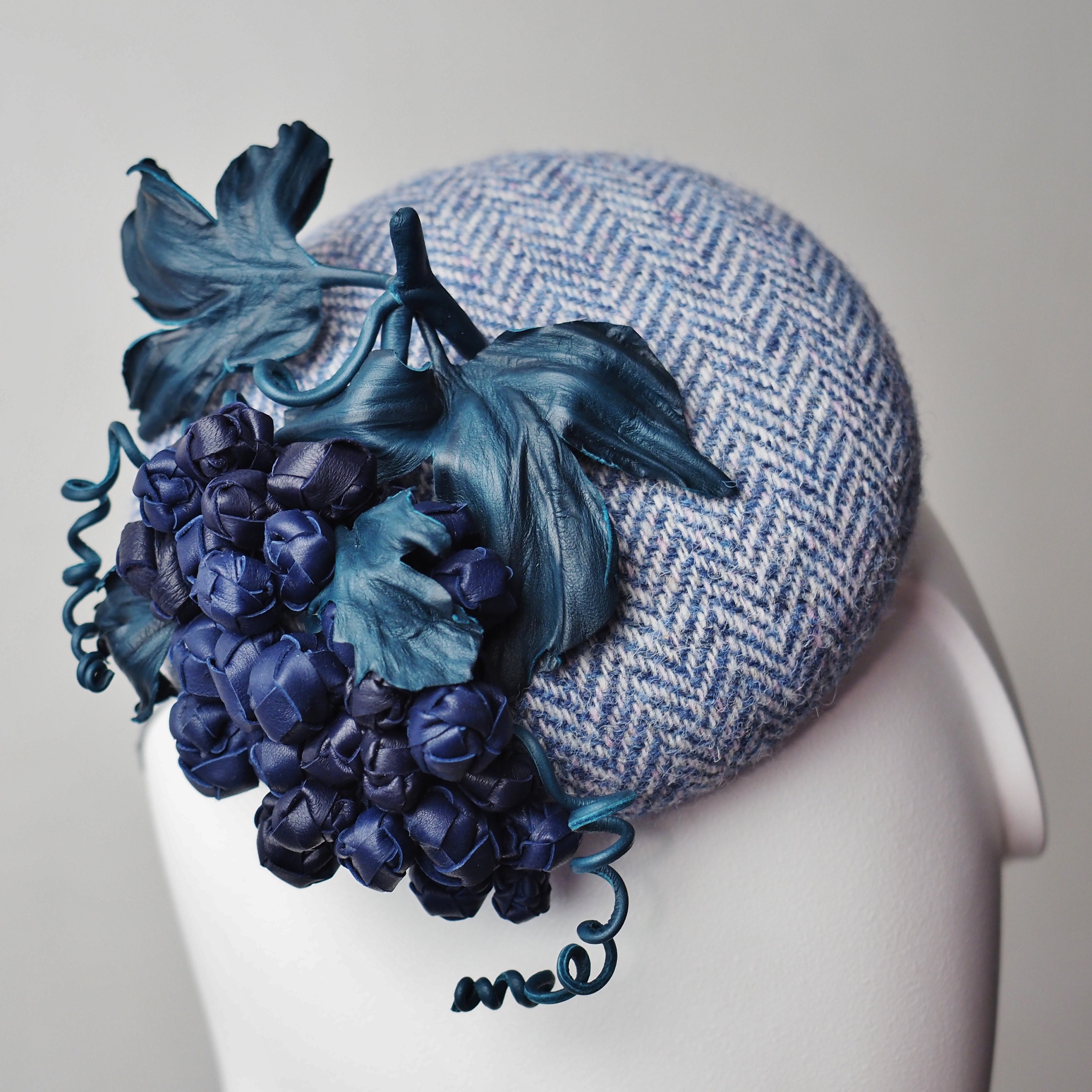 Herringbone HARRIS TWEED HAT With a Leather Grape Bunch, Winter Hat ...