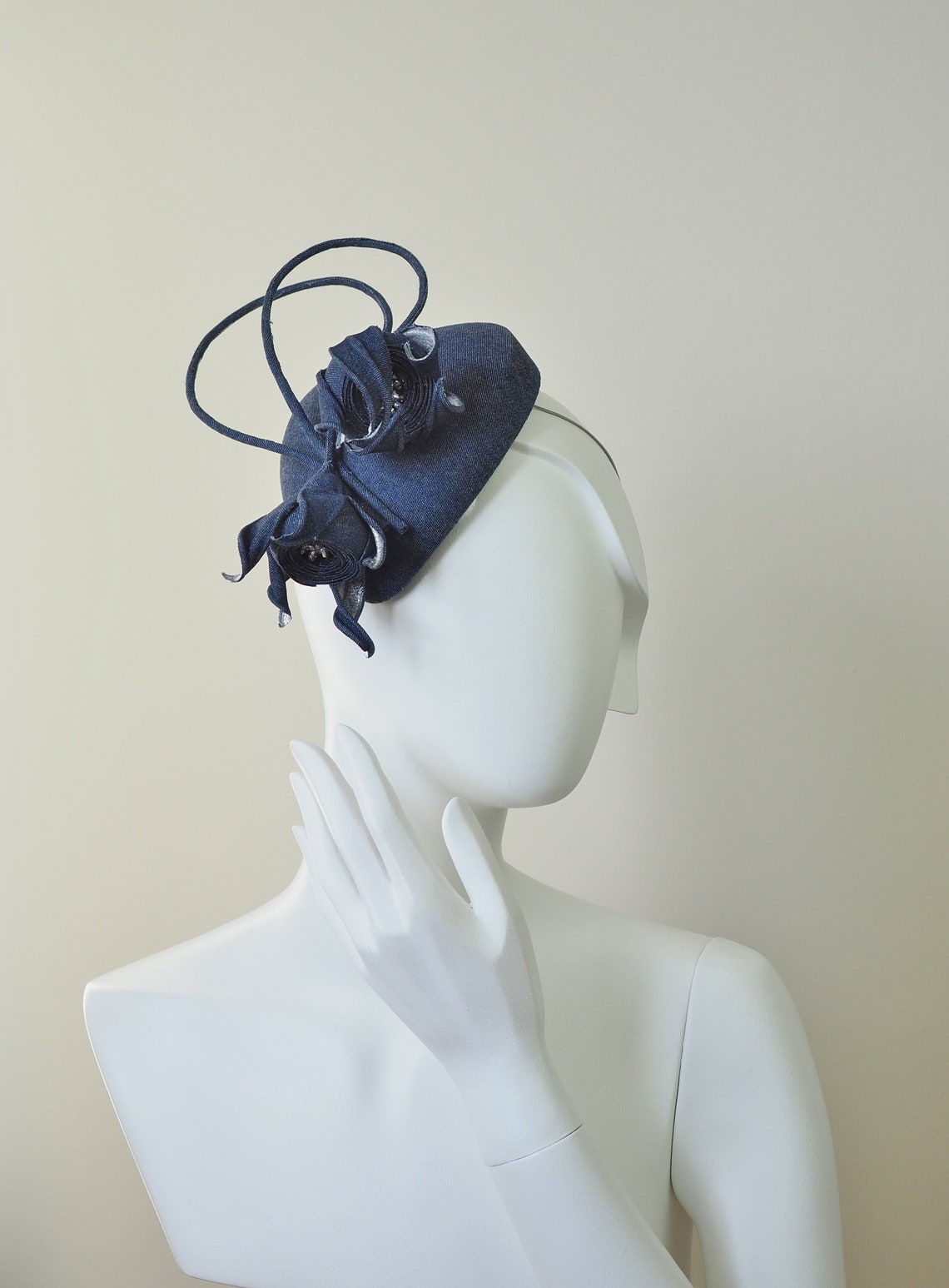 Denim Hugger Hat With Stylised Roses, Denim Headpiece. Denim Cocktail ...