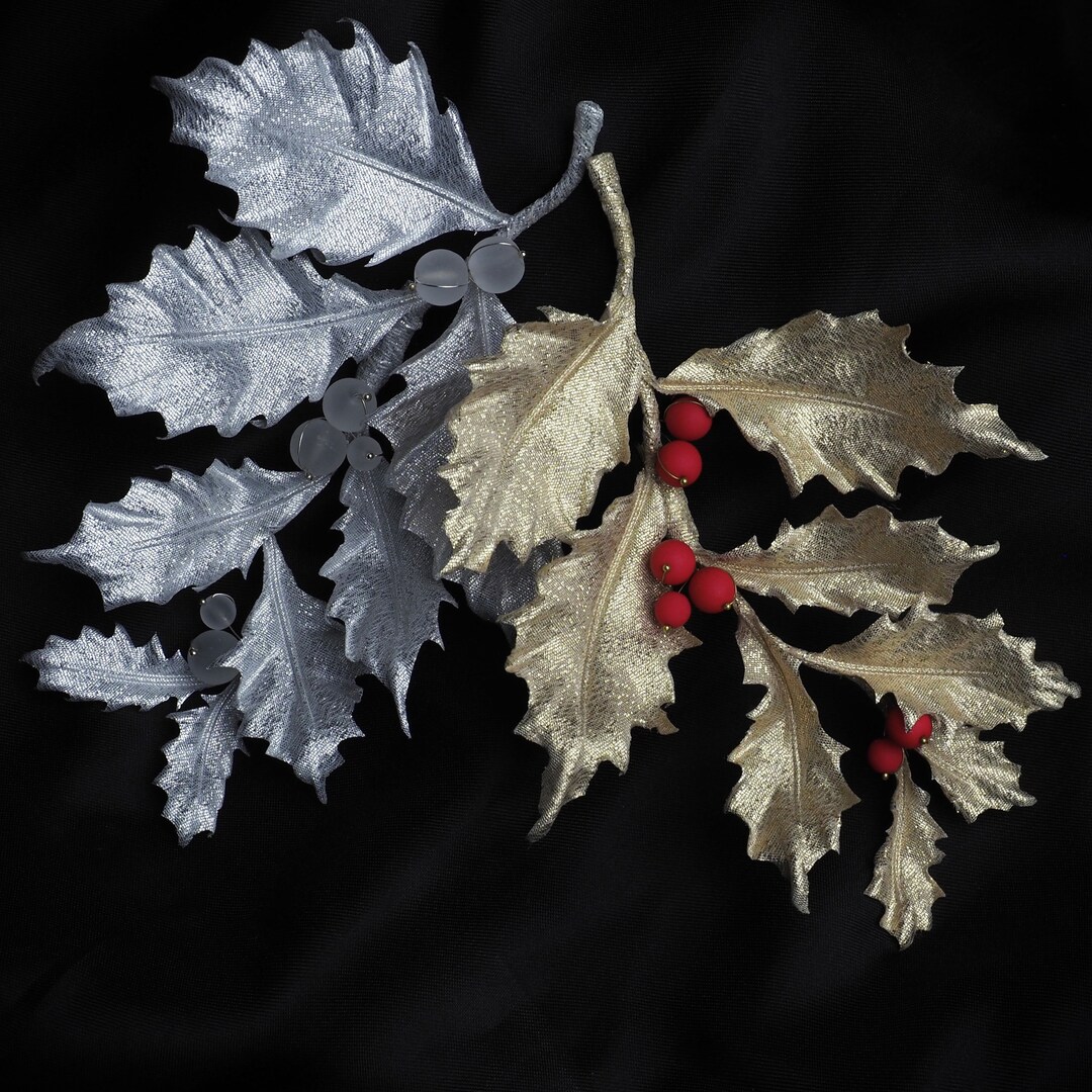Ready to Ship SILVER HOLLY BROOCH, Winter Buttonhole, Fabric Holly Twig ...