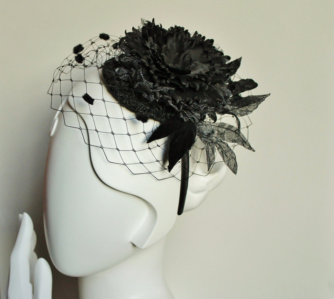 Special Offer BLACK PEONY HEADPIECE, Black Birdcage Veil Headband, Silk ...