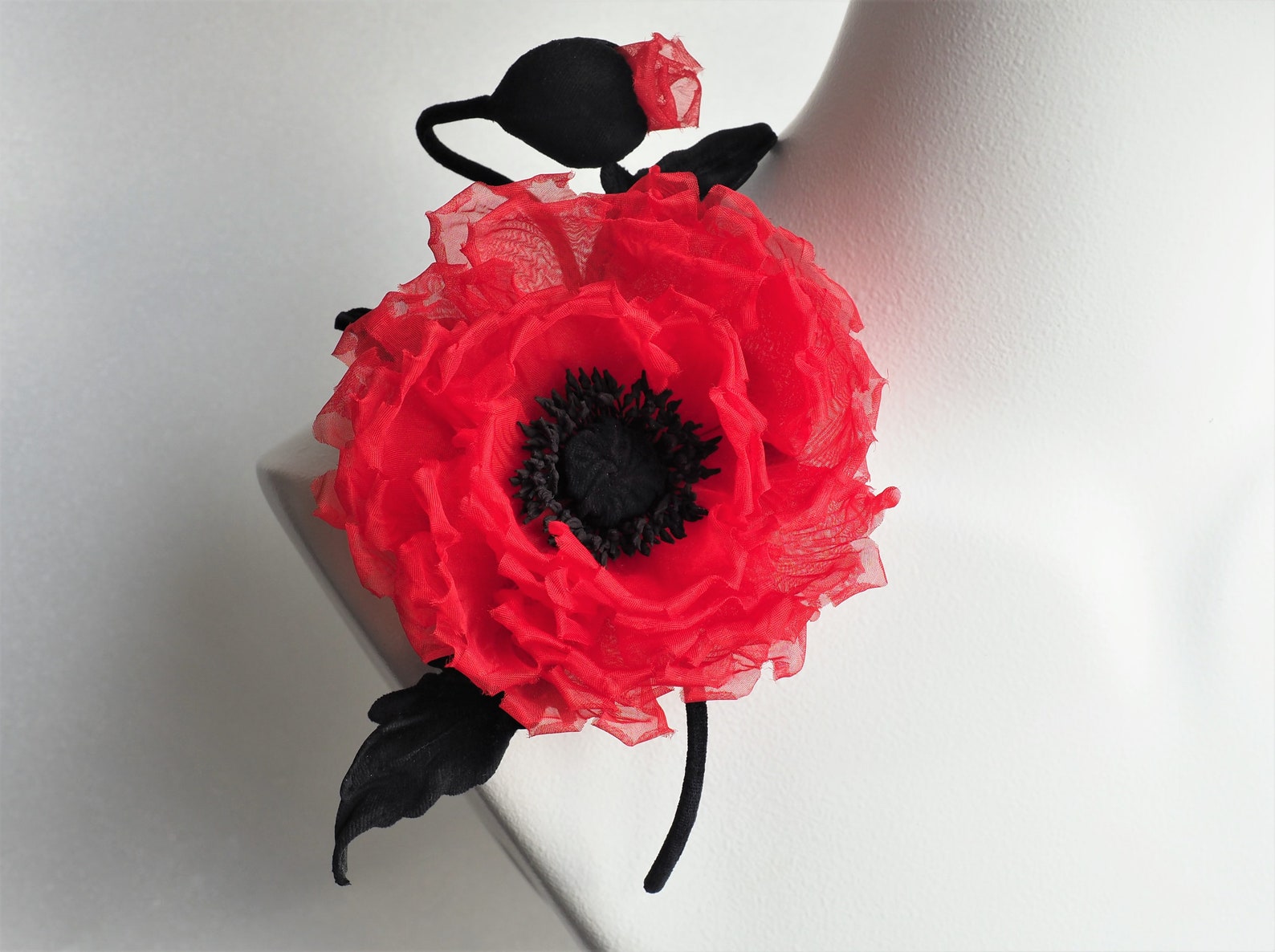 Ready to Ship RED ORGANZA POPPY Corsage, Red and Black Poppy Brooch ...