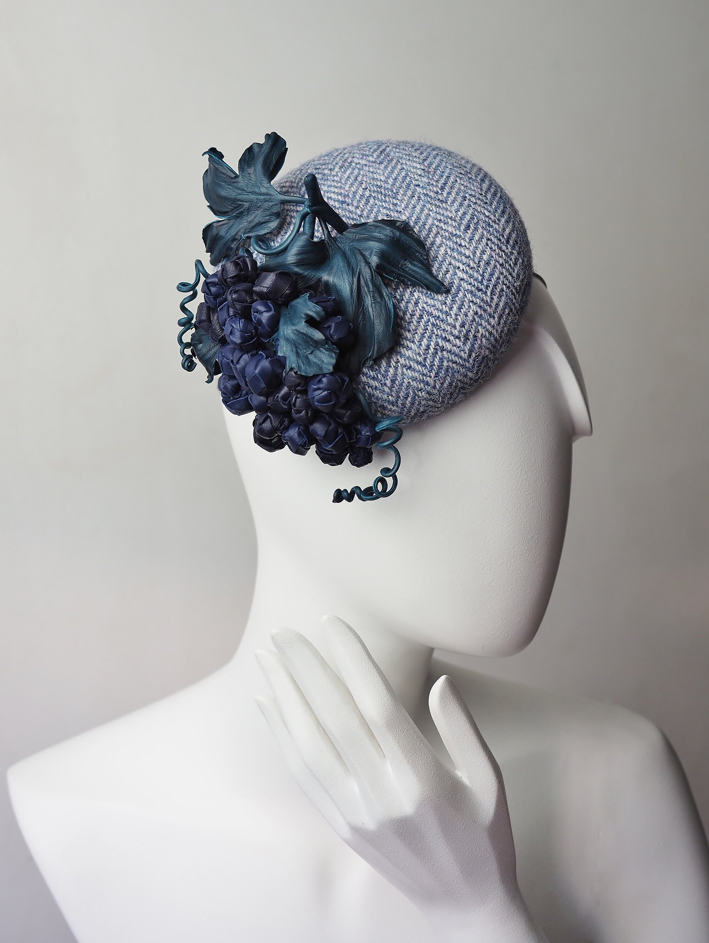 Herringbone HARRIS TWEED HAT With a Leather Grape Bunch, Winter Hat ...