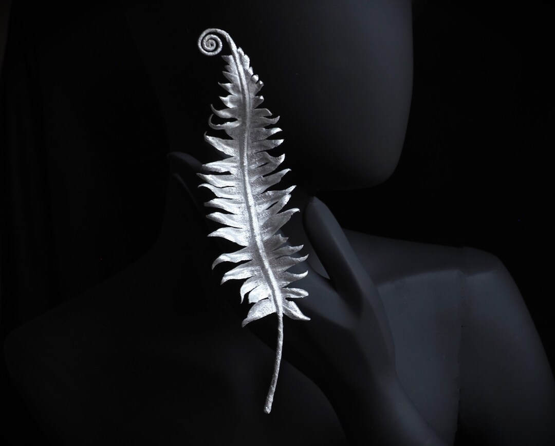 Ready to Ship Long SILVER FERN BROOCH, Silver Fabric Fern Frond Lapel ...