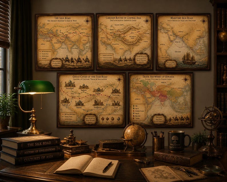 Silk Road Trade Routes Map Bundle, Ancient Central Asia Caravan Paths ...