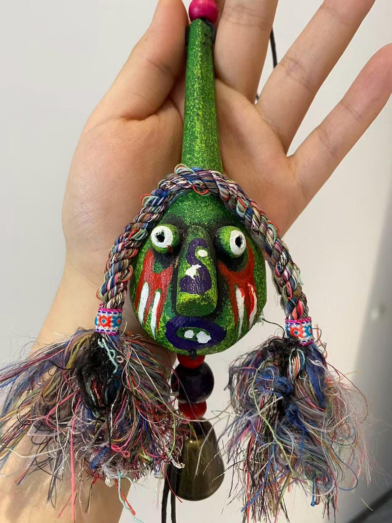 Green Hand Painted Tribal Mask Wooden Wind Chime Tassel Bell Hanging - Etsy