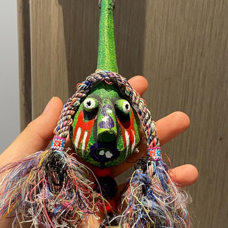 Green Hand Painted Tribal Mask Wooden Wind Chime Tassel Bell Hanging - Etsy