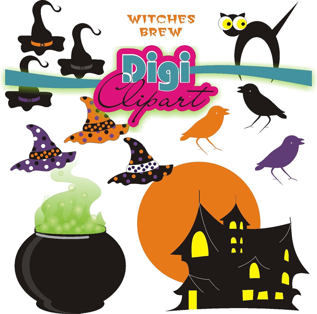 Halloween Clipart - Haunted House Cauldron Witches Hats Ravens Black ...