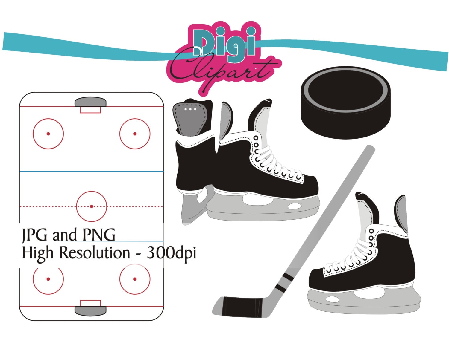 Hockey Clipart Ice Skates, Puck, Stick, Hockey Rink NHL Sports Clip Art ...