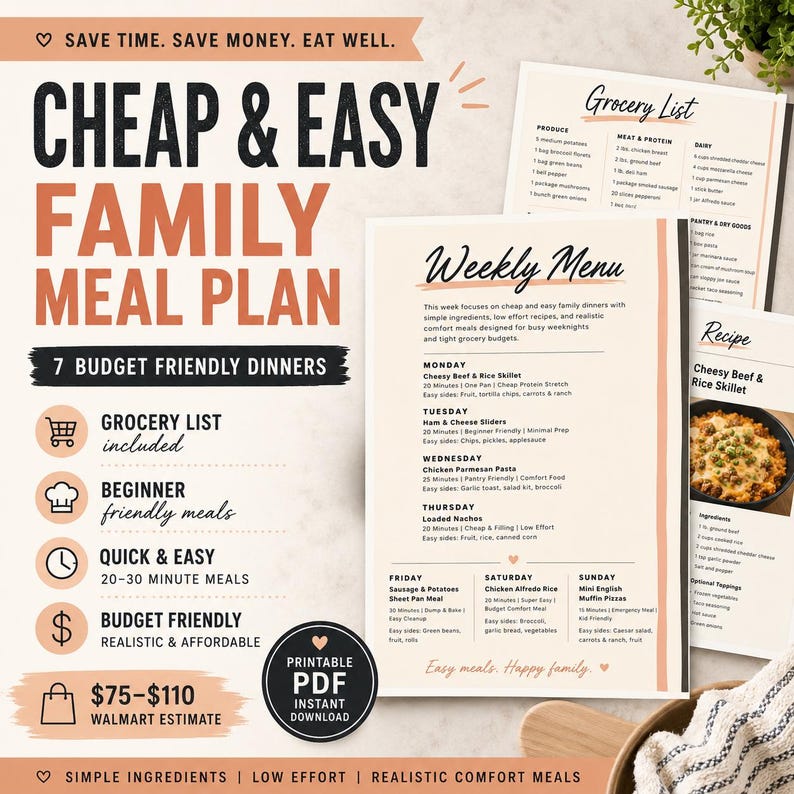Budget Friendly Family Meal Plan PDF Cheap & Easy Weeknight Dinners - Etsy