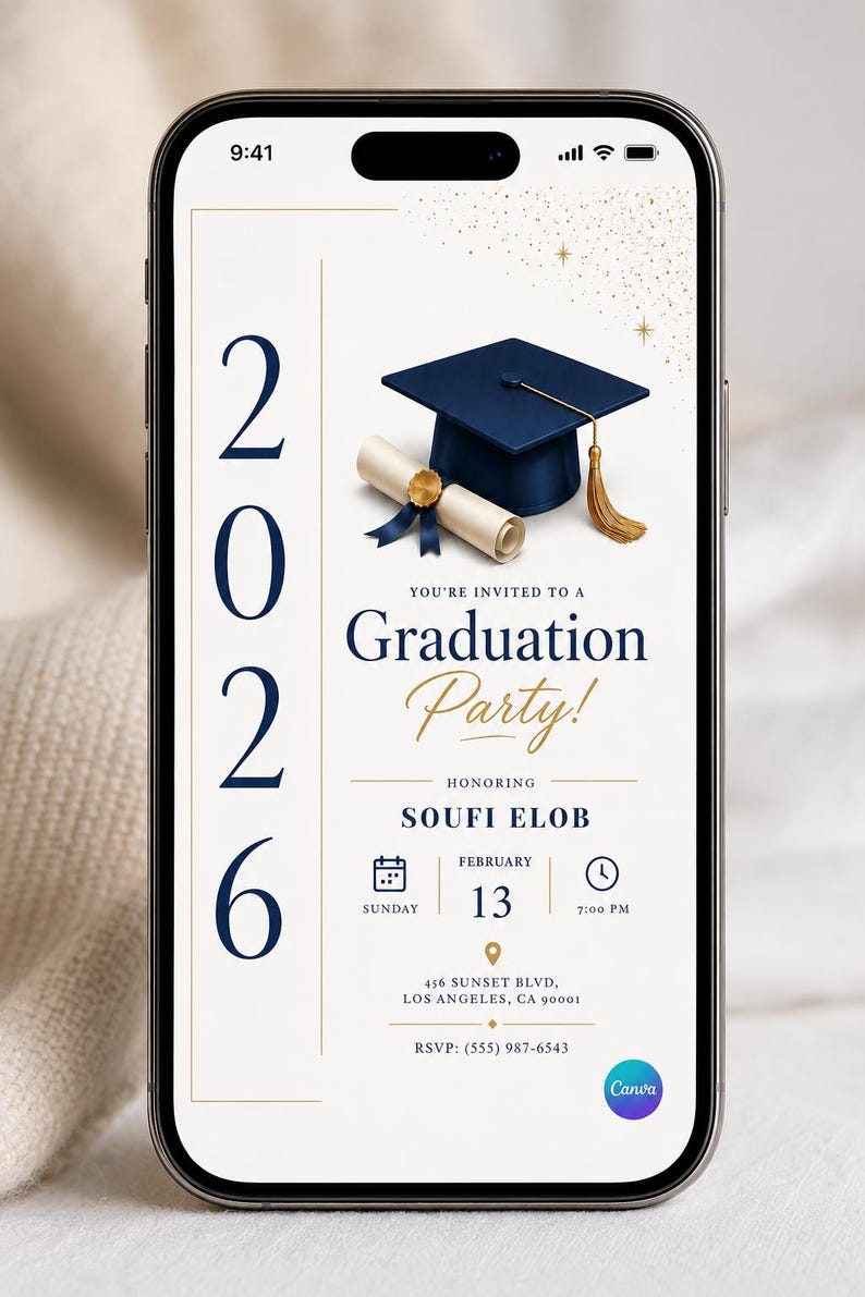 Graduation Party Invitation Template, Blue White Class of 2026 Grad ...
