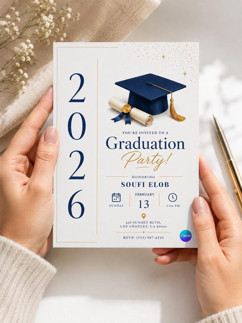 Graduation Party Invitation Template, Blue White Class of 2026 Grad ...
