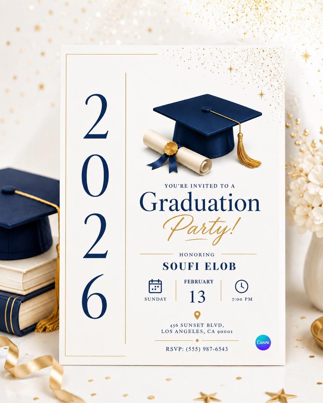 Graduation Party Invitation Template, Blue White Class of 2026 Grad ...