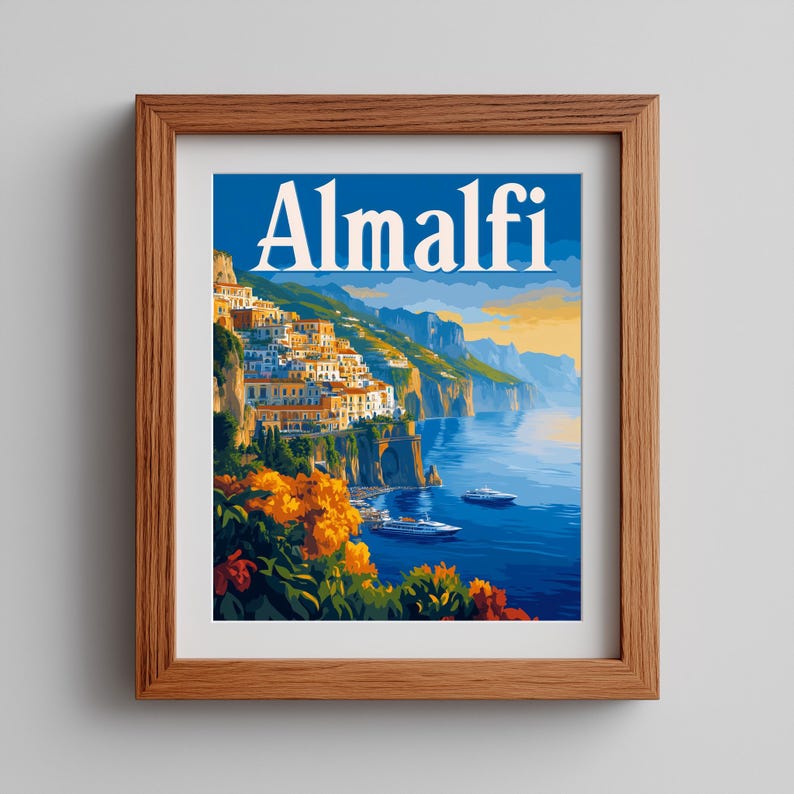Amalfi Coast Vintage Travel Poster – Mediterranean Cliffside Seascape ...