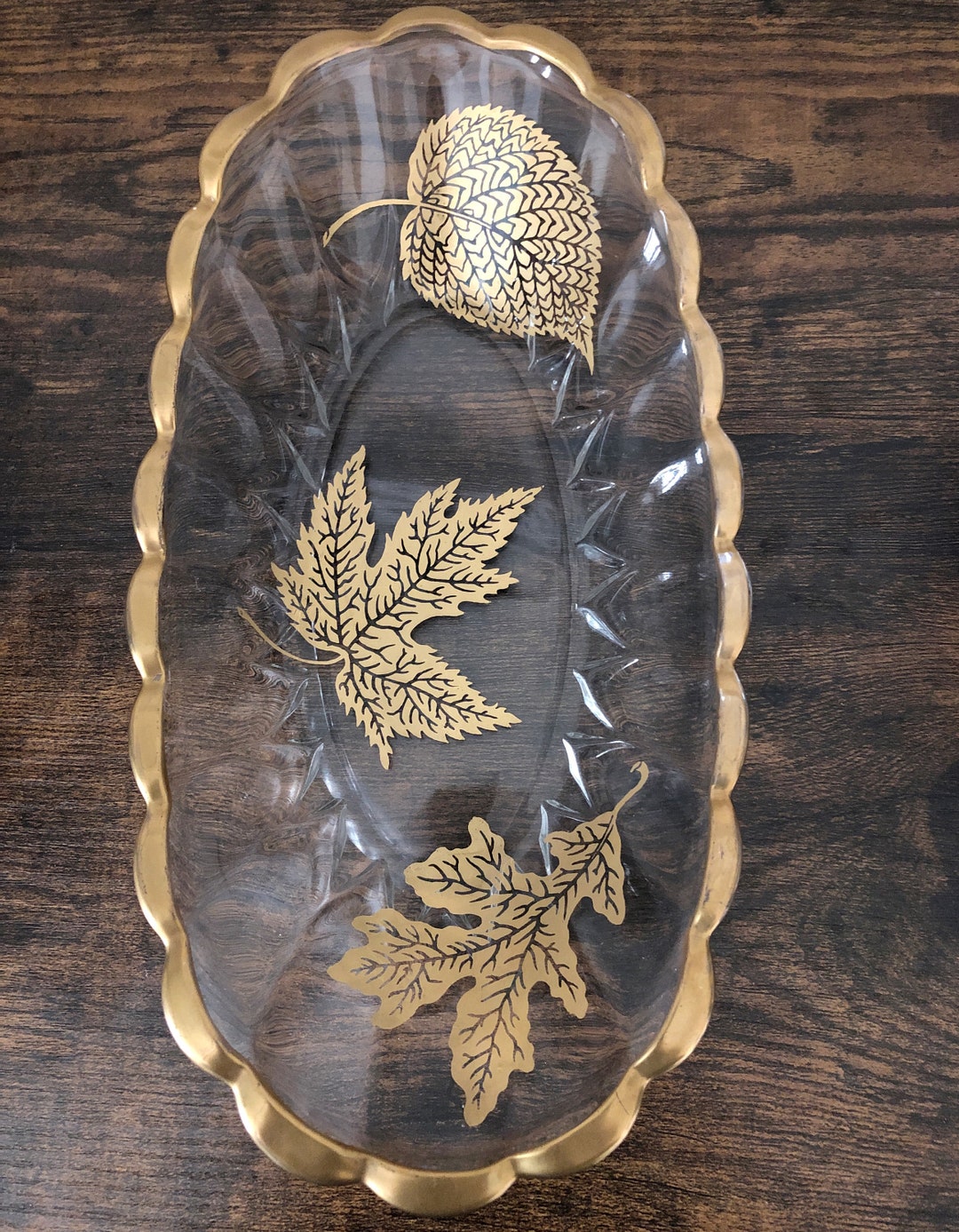 Vintage Glass Dish With Gold Leaf Accents and Gold Scalloped Edge ...