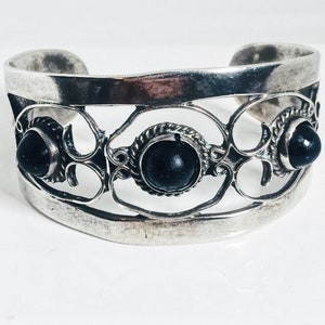 Vintage Mexican Cuff Bracelet, Sterling Silver, Onyx, Vintage Jewelry ...