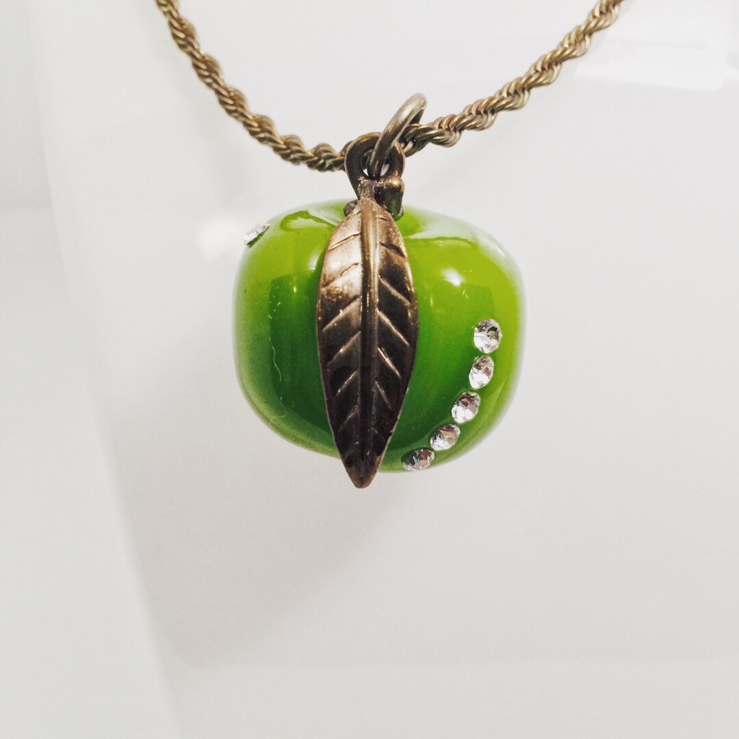 Vintage Apple Necklace, Green Apple, Rhinestone and Leaf Accents ...