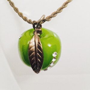 Vintage Apple Necklace, Green Apple, Rhinestone and Leaf Accents ...