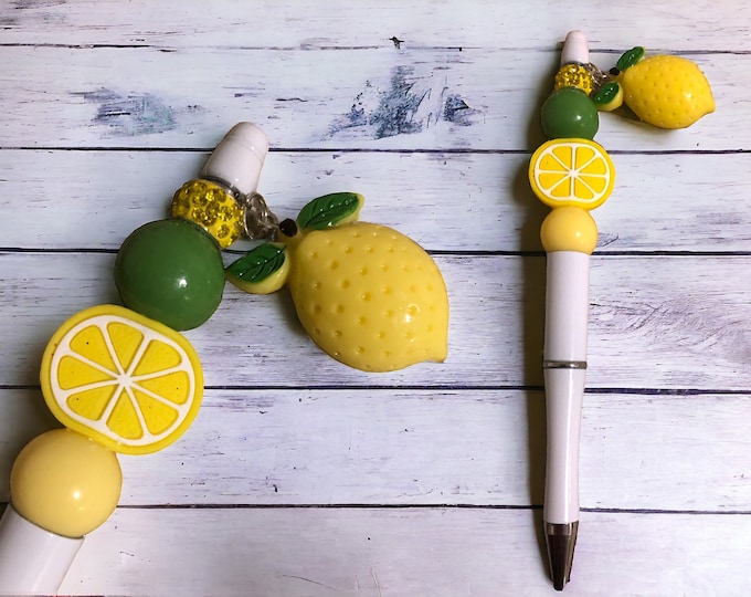 Beaded Pen, Lemon Charm, Party Favors, Yellow, Green, White, Fruit ...