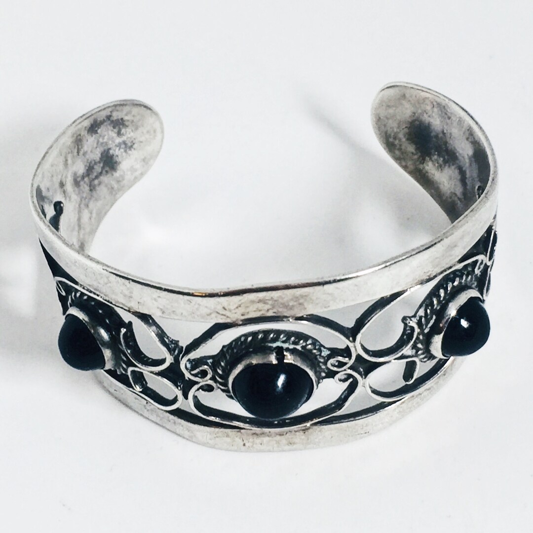 Vintage Mexican Cuff Bracelet, Sterling Silver, Onyx, Vintage Jewelry ...