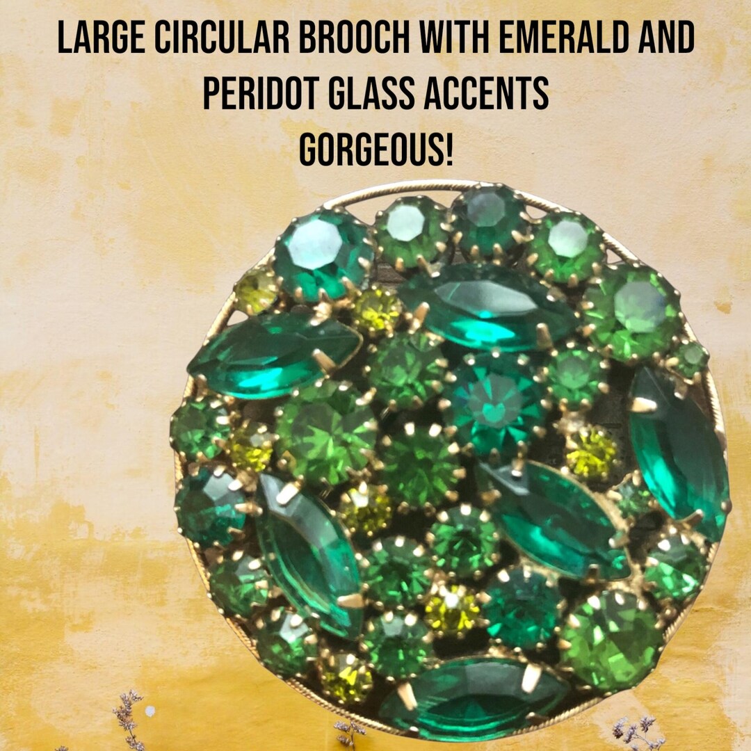 Vintage Emerald & Peridot Glass Brooch: Large Circular Statement ...