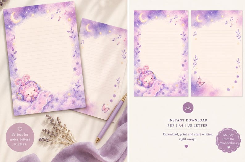 Melody Wonderkins Printable Stationery Set | Pastel Clouds, Music Notes ...