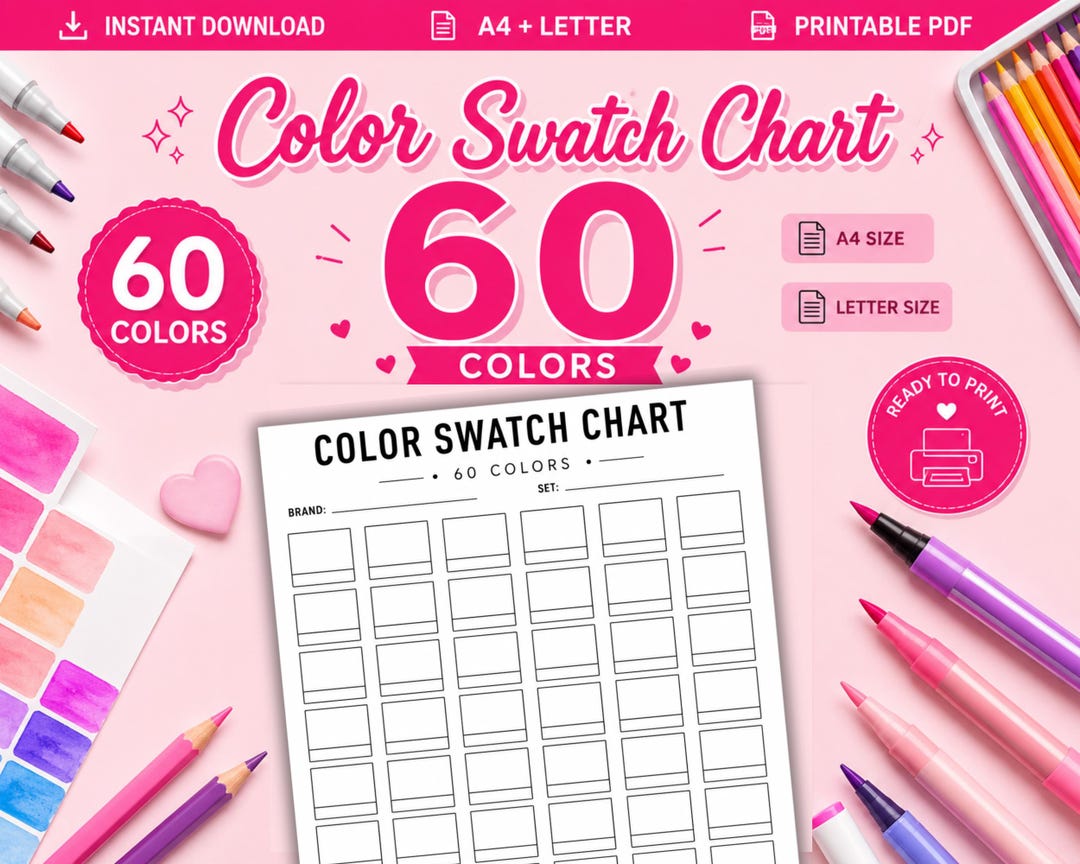 60 Color Swatch Chart Printable | Marker Color Tracker Sheet | A4 L ...