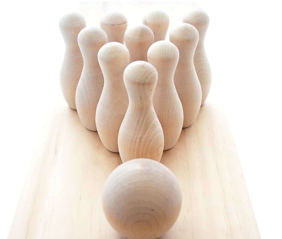 Miniature Bowling Set Wooden Toy Tabletop Game Natural Wood Pins Ball ...