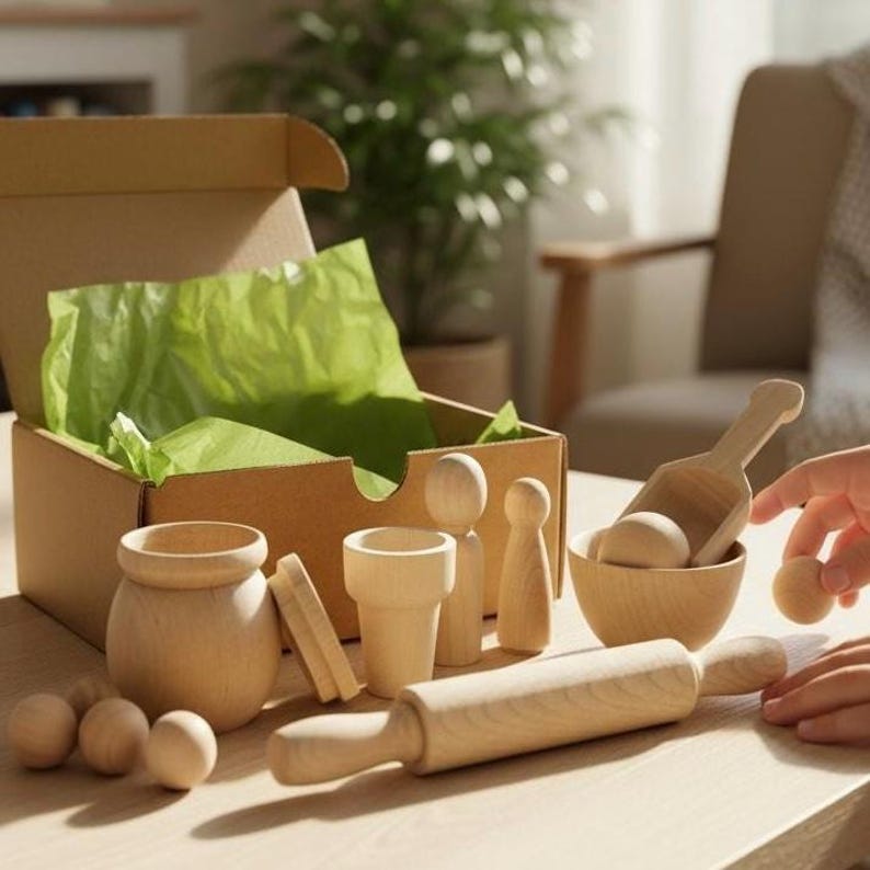 Montessori Wooden Sensory Toy Set Natural Wood Play Set for Toddlers ...