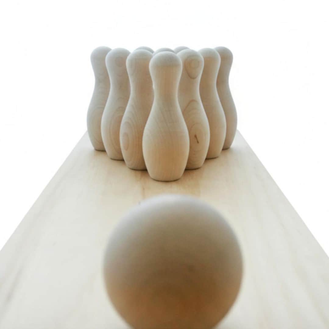 Miniature Bowling Set Wooden Toy Tabletop Game Natural Wood Pins Ball ...