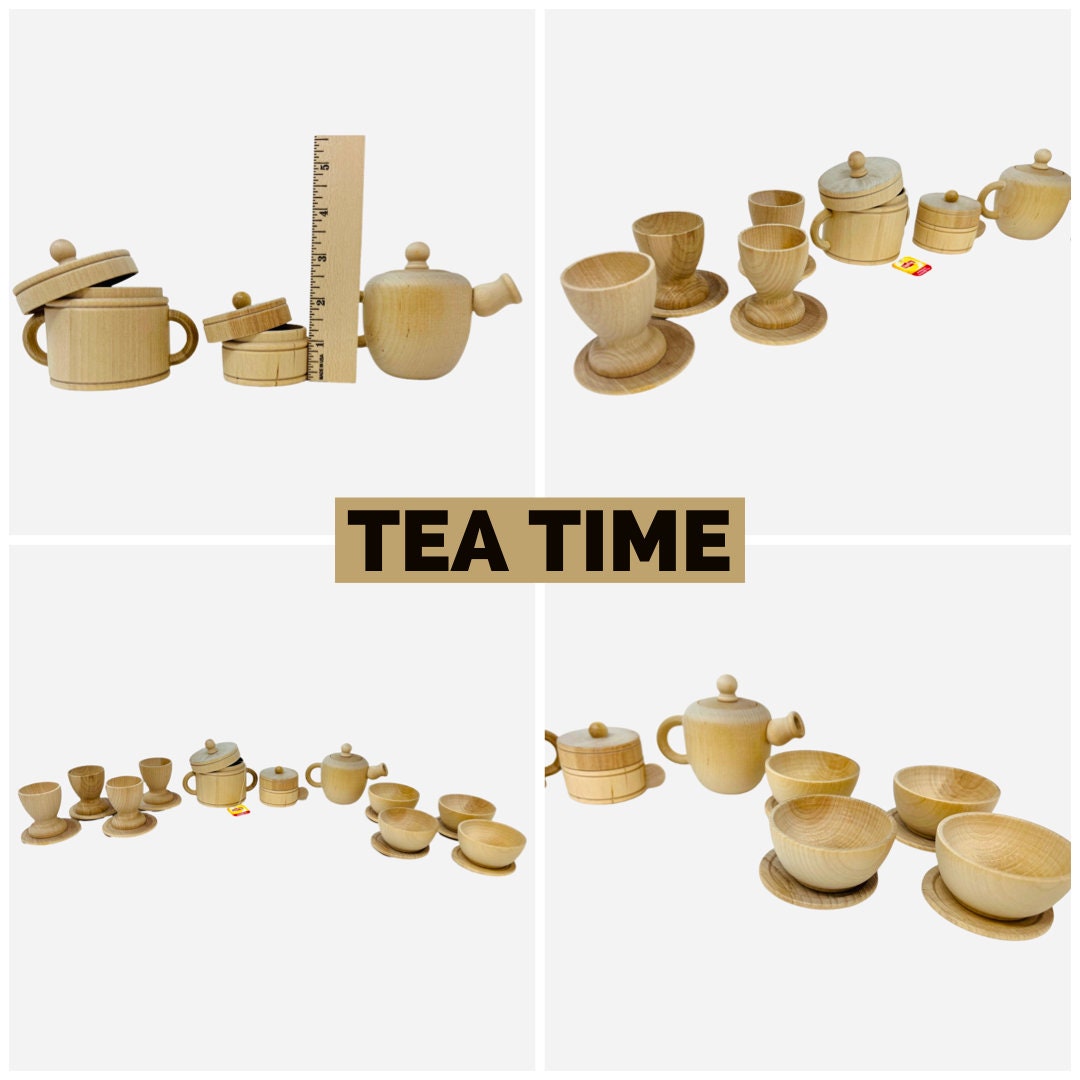 QTY 20 Piece Tea Time Set, Wood Tea Set, Kids Playset, Wood Tea Cup, Kid Kitchen Set, Tea Party ...