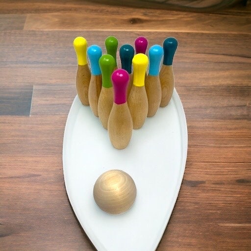 Miniature Bowling Set Wooden Toy Tabletop Game Natural Wood Pins Ball ...