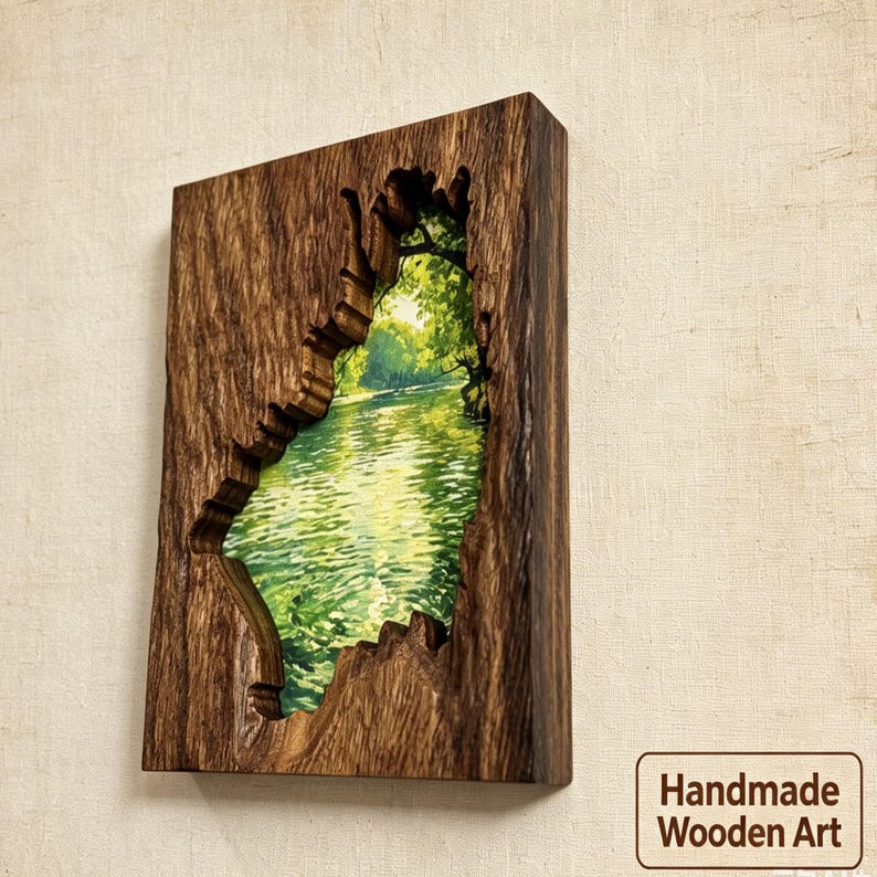 Hand Carved Wood Frame, 3D Hollow River Scene Wall Art, Rustic Nature ...