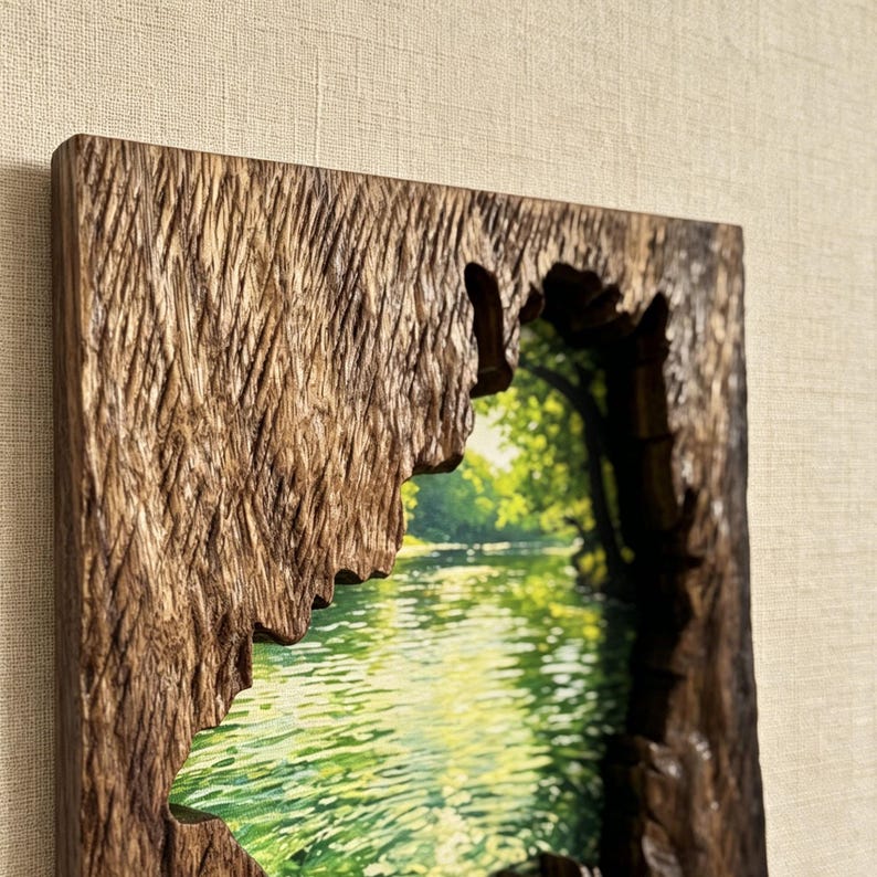 Hand Carved Wood Frame, 3D Hollow River Scene Wall Art, Rustic Nature ...