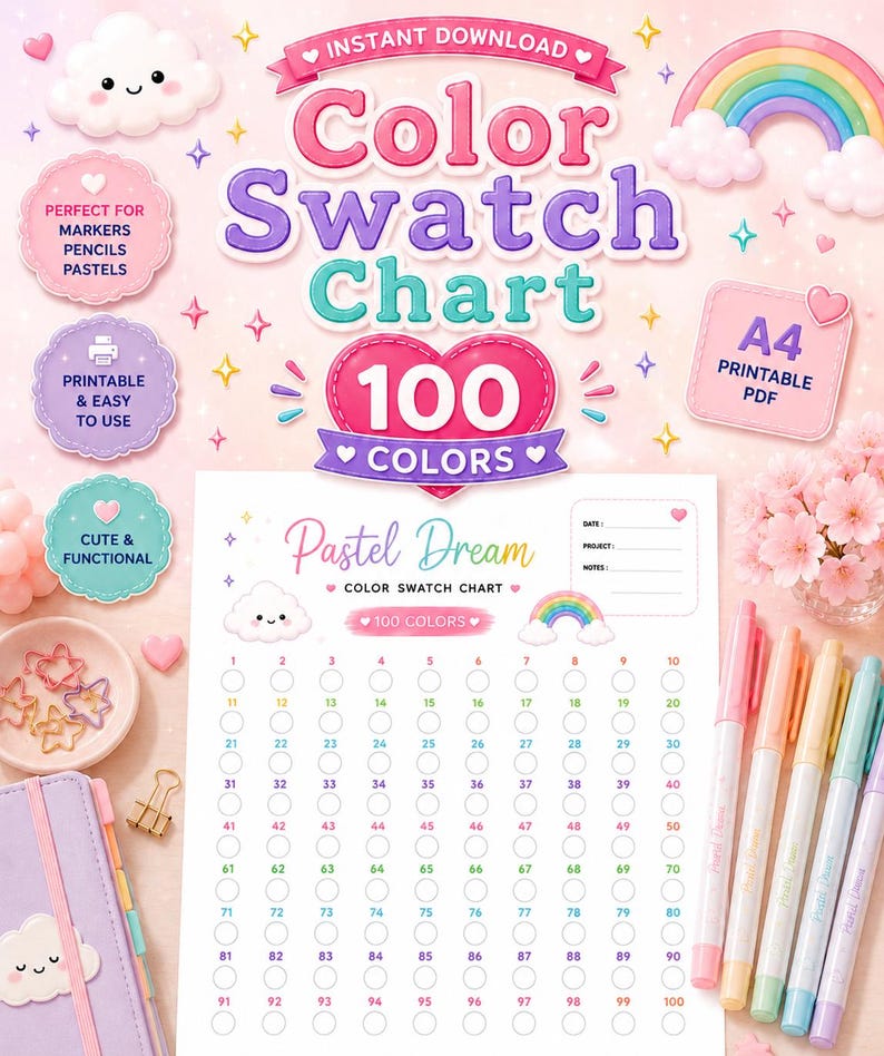 Color Swatch Chart Printable PDF, 100 Blank Swatches, A4 Color Palette ...