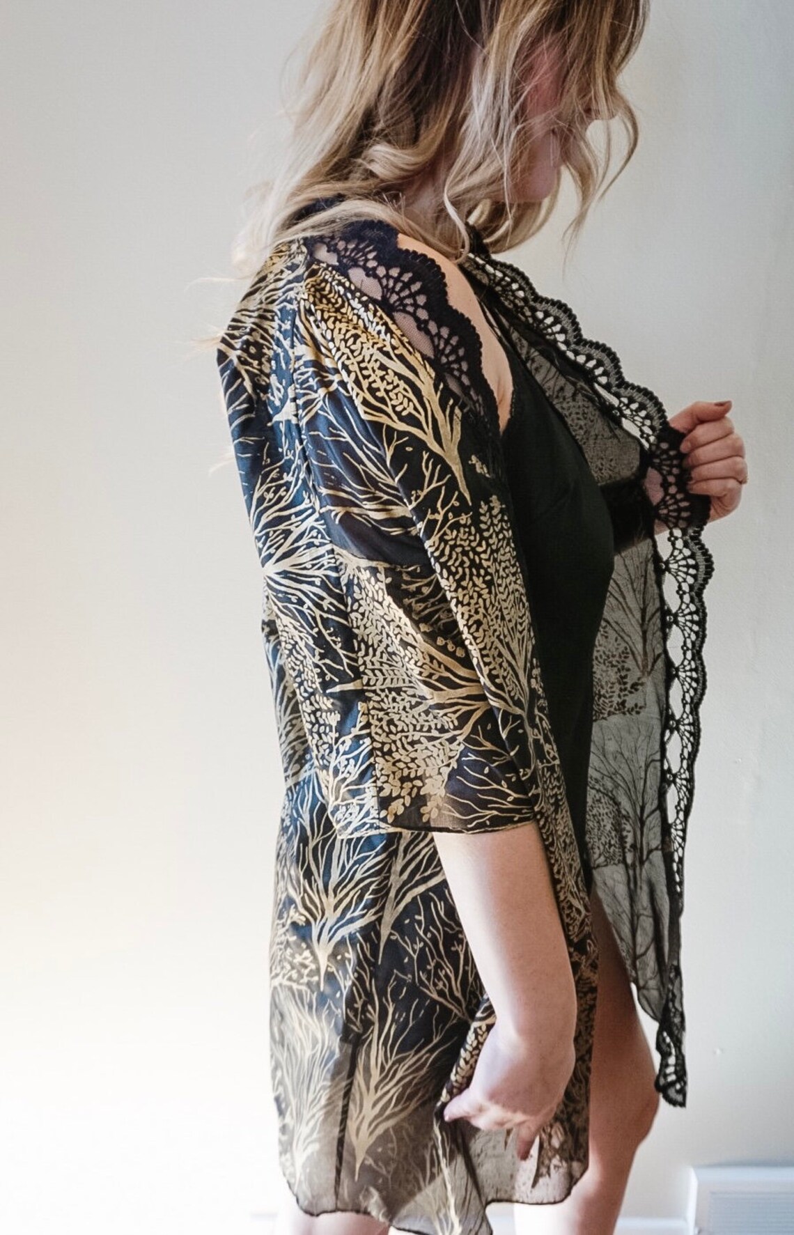 Silk and Lace Robe Handprinted With Tree Pattern in Black and Gold - Etsy