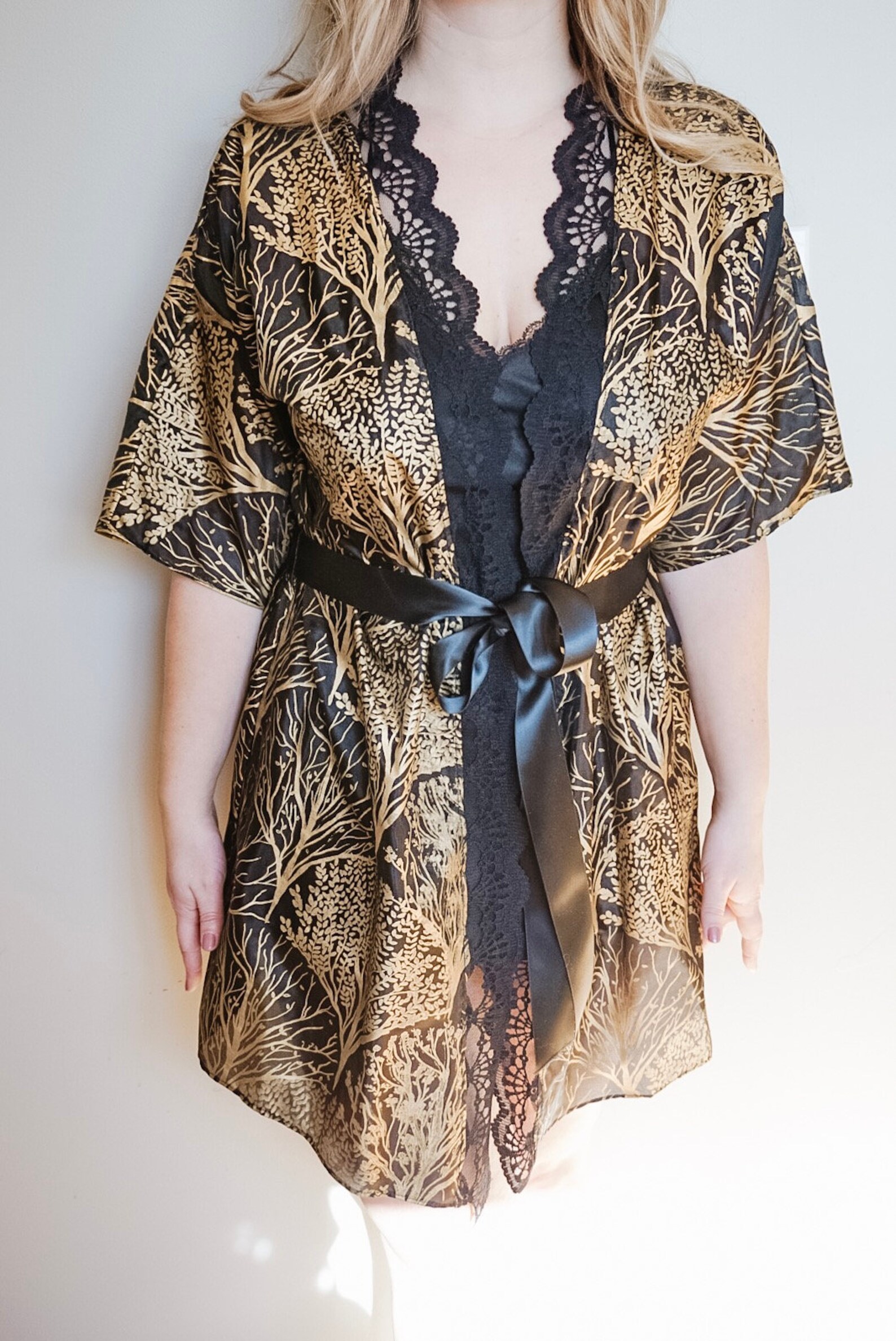 Silk and Lace Robe Handprinted With Tree Pattern in Black and Gold - Etsy