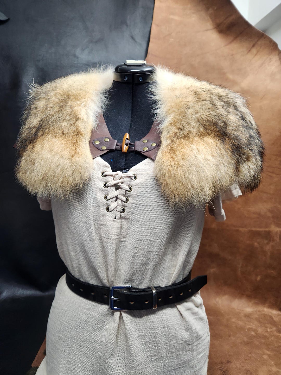 Coyote Fur and Brown Deerskin Leather Mantle - Etsy